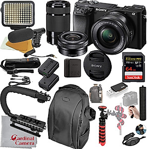 Sony Alpha a6100 Mirrorless Camera with 16-50mm and 55-210mm Lenses, Video Bundle + LED Video Light + Microphone + Extreme Speed 64GB Memory(21pc Bundle)