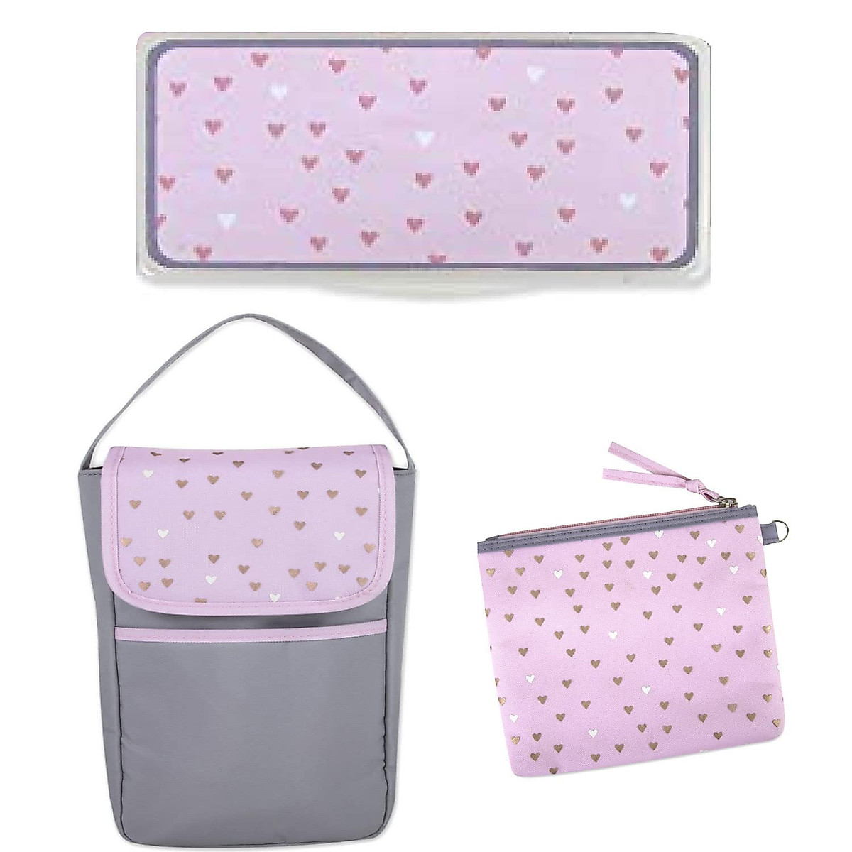 Baby Essentials Diaper Bag Backpack 5 Piece Set with Sun, Moon, and Stars, Wipes Pocket, Stroller Straps, Dirty Diaper Pouch, Changing Pad (Grey/Pink Backpack)