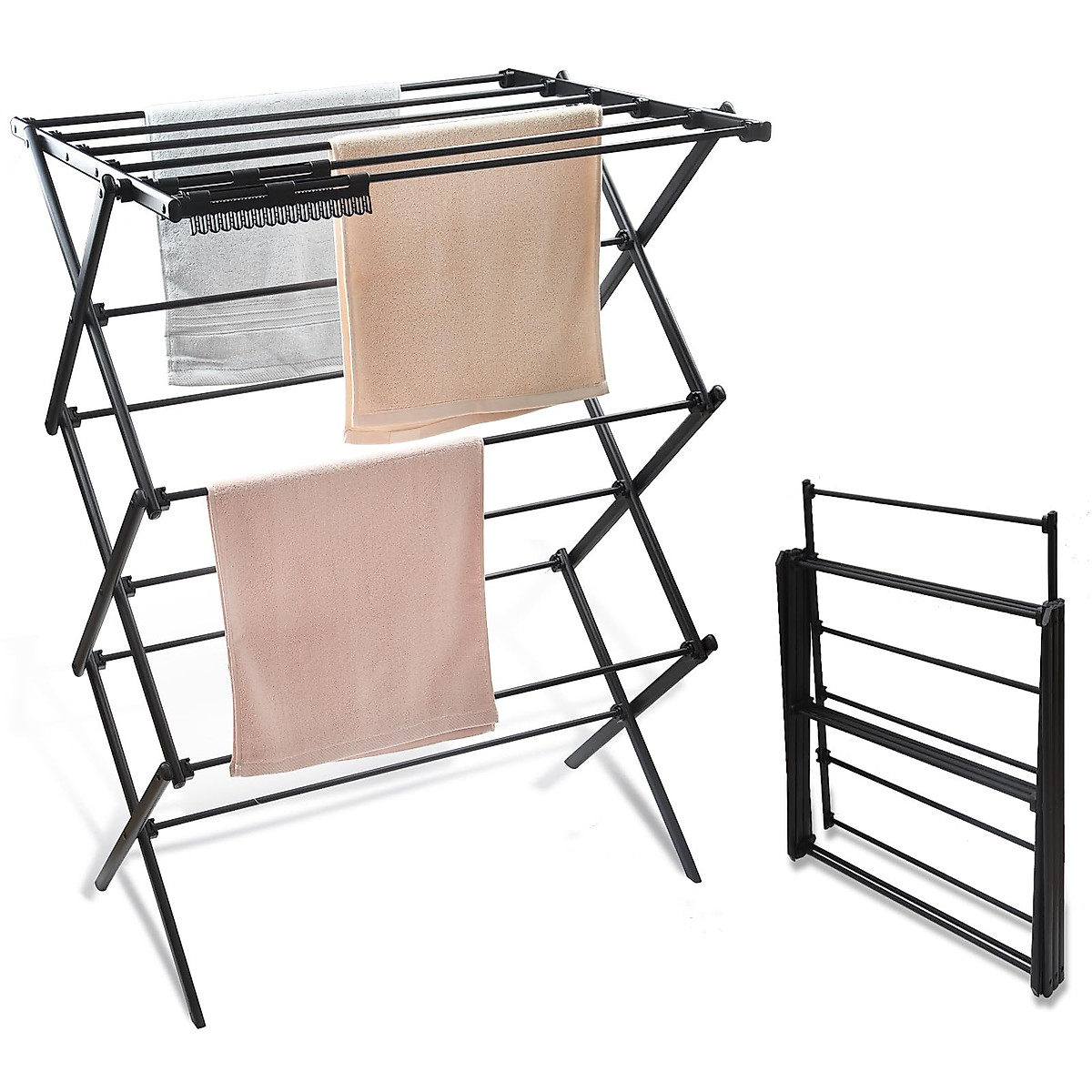 YUBELLES 3 Tiers Foldable Clothes Drying Rack, Vertical Laundry Rack Portable and Collapsible for Storage Indoor Outdoor，Pure Black