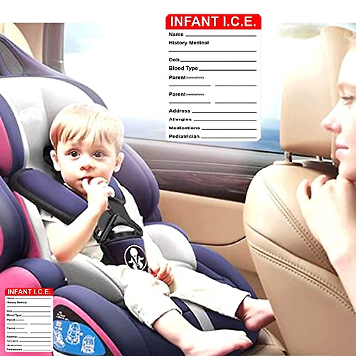 25 Pcs Infant I.C.E.(in Case of Emergency) Car Seat Sticker Safety Information 3 x 4 Inch Child Emergency Identification Contact Car Seat Stickers - Kids Car Seats Alert Attachment Tag Safety Decals