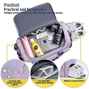 FIORETTO Sports Gym Duffle Bag with Shoes Compartment, Weekend Travel Overnight Bag for Women, Mens, Foldable Water Resistant Holdall Hospital Bag For Swimming, Basketball (Light Purple)