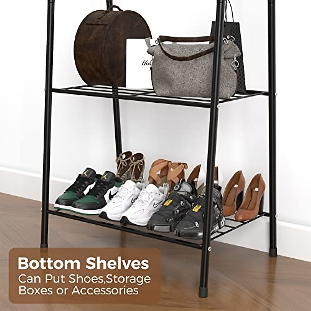 JEROAL Clothing Garment Rack, Coat Organizer Storage Shelving Unit, Entryway Storage Shelf with 2-Tier Metal Shelf, Black