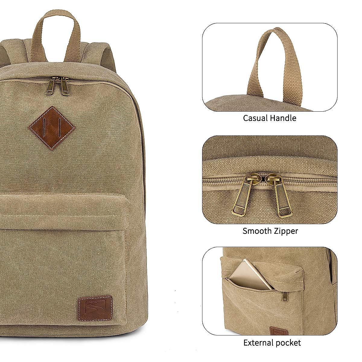 seemeroad Canvas College Laptop Backpack, Durable Rucksack, Travel Bag Fits 15.6 Inch Notebook for Men Women, Khaki