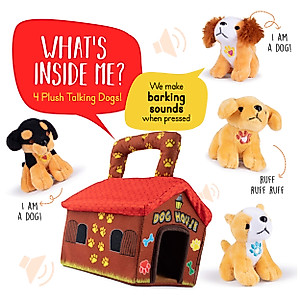 Plush Creations Talking Plush Dog House Carrier with 4 Soft & Cuddly, Talking & Barking, Stuffed Plush Dogs. Excellent Interactive and Educational Plush Toy Set. Great Gift for Kids Toddlers & Babies