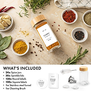 EDELHAUS Glass Spice Jars with Label and Bamboo Lids (24 x 4oz) Spice Containers with 240 Labels, Shaker Inserts, Steel Funnel, Empty Square Seasoning Organizer for Spice Rack, Cabinet, Drawer