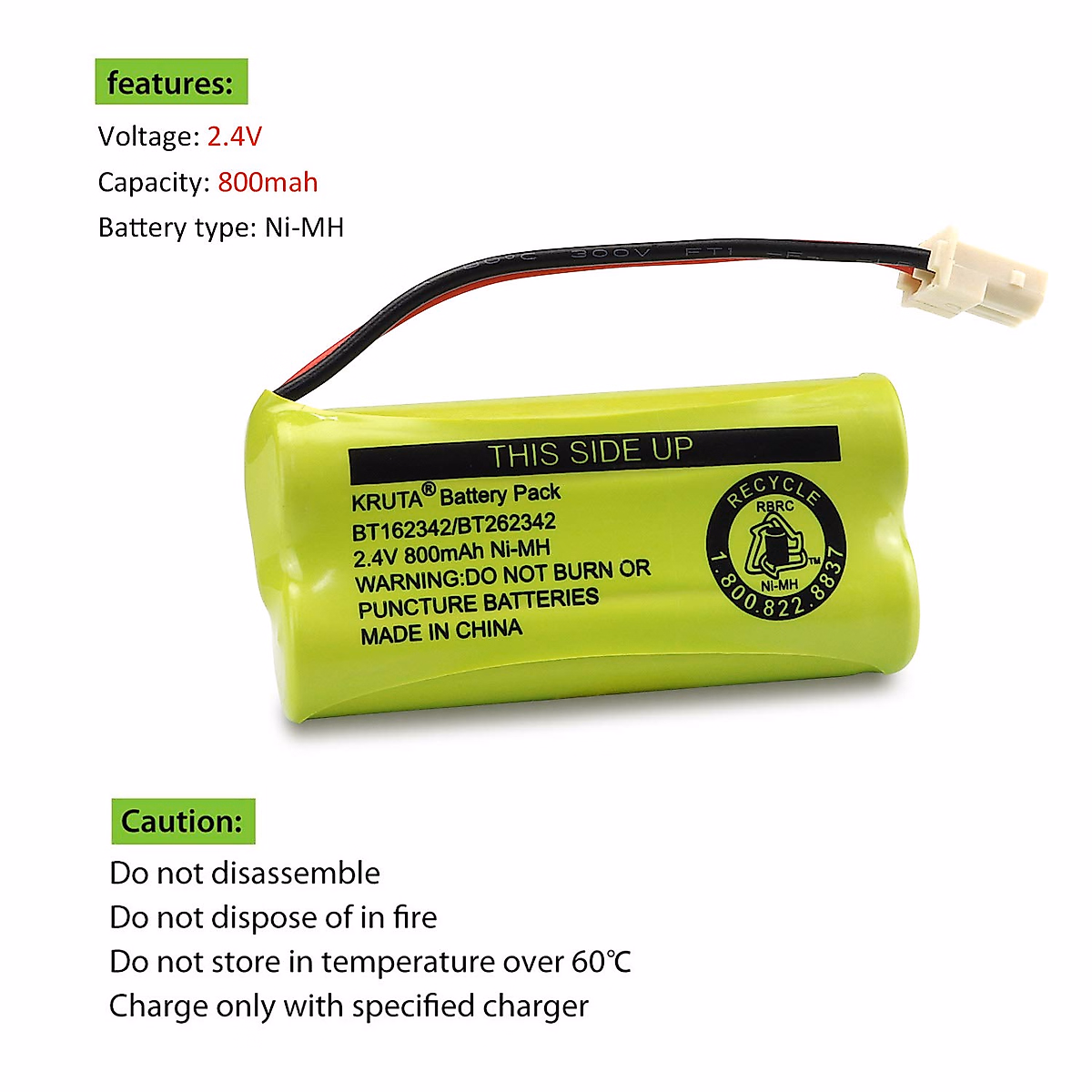 Kruta BT166342 BT266342 Battery 2.4V 800mah Replacement Battery Pack Compatible with for BT183342 BT283342 BT162342 BT262342 VTech CS6114 CS6419 CS6719 at&T EL52300 CL80111 Cordless Phone (Pack 4)