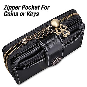 GOIACII Wallet for Women Leather Small RFID Blocking Bifold Zipper Pocket Card Holder with ID Window Black