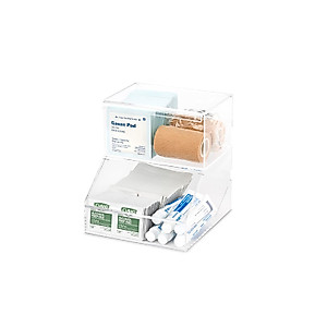 IneVibe First Aid Storage Holder - 2 Compartment Acrylic Container w/Lids for Storing Packets of Alcohol Wipes, Bandages, Ointment, Burn Cream, Gauze Pads for Bathroom, Kitchen & Retail Dispensing