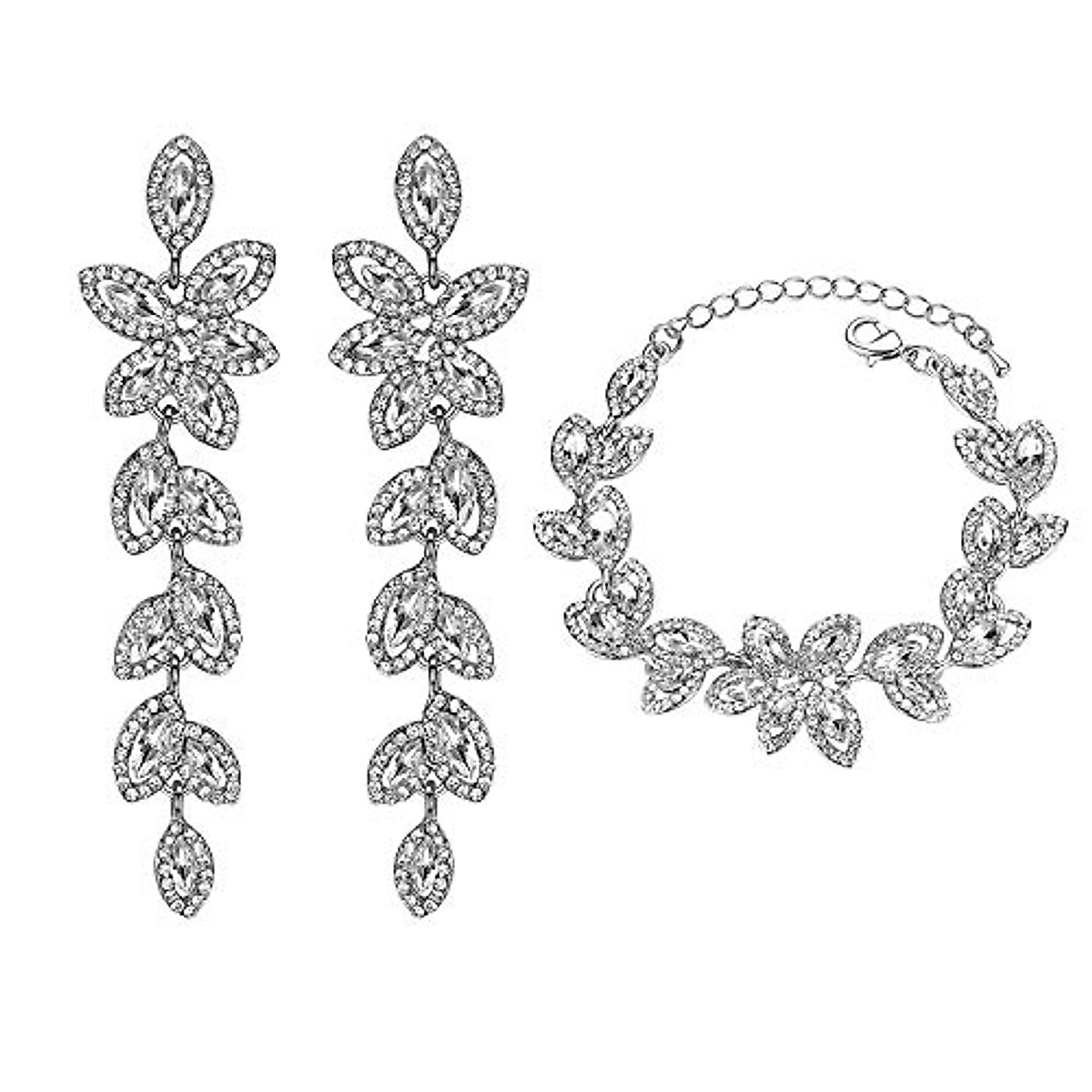 Mecresh Bride Jewelry Set Crystal Floral Leaf Crawler Chandelier Dangle Earring Bracelet Wedding Prom 2022 Fashion Jewelry Silver