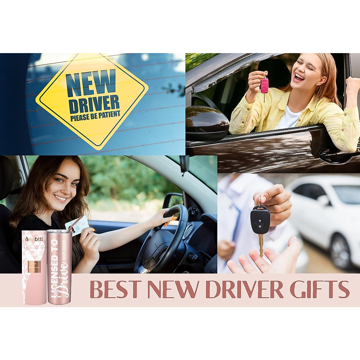 Onebttl New Driver Gifts for Girls - Licensed to Drive EST. 2025-20oz/590ml Stainless Steel Insulated Tumbler with Straw, Lid - Cups Gift for New Driver - (Rose Gold)