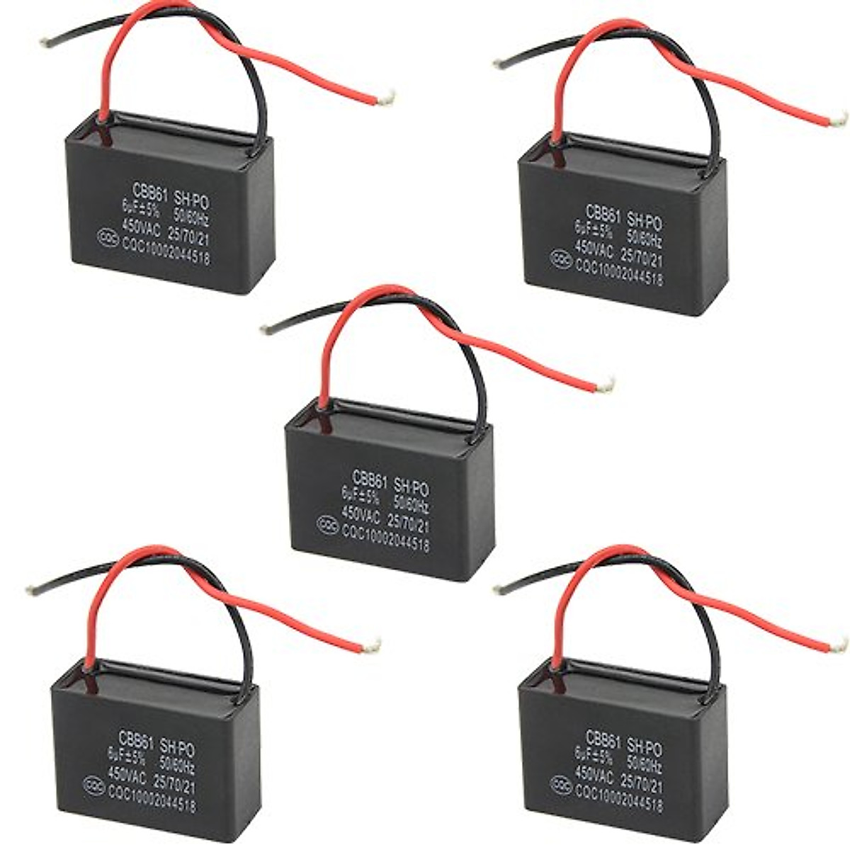 WMYCONGCONG 5 PCS CBB61 Ceiling Fan Capacitor Replacement 2 Wire Metalized Polypropylene Film Capacitors for Wall Fan Motor Run Capacitor 6 uF 450V 50/60 Hz