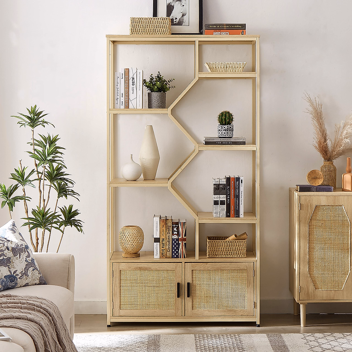 Rattan Bookshelf with 1 Natural Rattan Storage Cabinet and 7 Open Display Shelves, 7 Tier Bookshelf w/Adjustable Shleves & Foot Pad for Living Room, Bedroom, Office, Metal Shelves, Natural