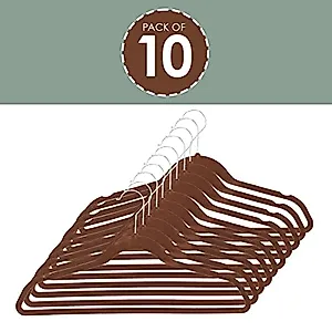 Home Basics Velvet Clothes Hangers (Pack of 10), Brown Felt Hangers for Tops, Jackets, Dresses, and Pants | Contoured Hangers with Notches | Ultra-Thin Space Saving Clothes Hangers