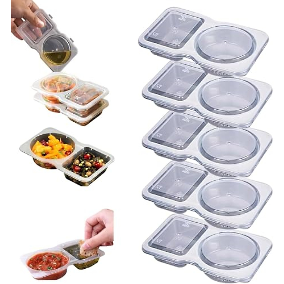 mikloza 5/15/25PCS Double Compartment Condiment Container, Portable Reusable Sauce Container, Dual Compartment Containerfor for Condiment, Dip, Sauce, Sampling and Travel Snacks (5Pcs)