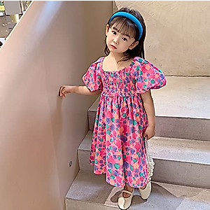 Toddler Kids Baby Girls Clothes Summer Puff Sleeve Floral Pattern Backless Princess Dress Casual (Hot Pink, 2-3 Years)