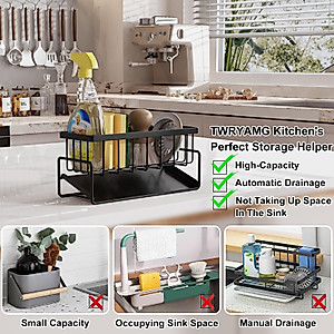 TWRYAMG Sponge Holder for Kitchen Sink-Kitchen Sponge Holder for Organizing Sponge, Brush & Soap Dish Dispenser, Kitchen Sink Organizer Rack with Divider Black