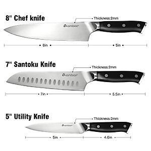 Chef Knife Set Professional kitchen knife set 3-Piece with japanese knife, 8" Chef's Knife & 7"Santoku Knife& 5" Utility Knife, Black Sharp Kitchen Knife Set, 5cr15mov High Carbon Stainless Steel