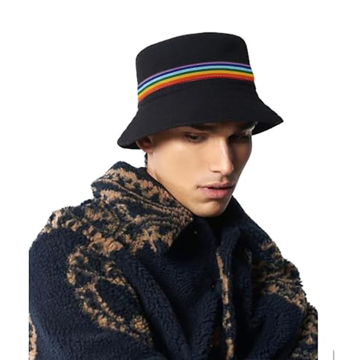 XYIYI Trendy Rainbow Ribbon Black Bucket Hat Reversible Beach Fisherman Hats for Women Men Teen Girls