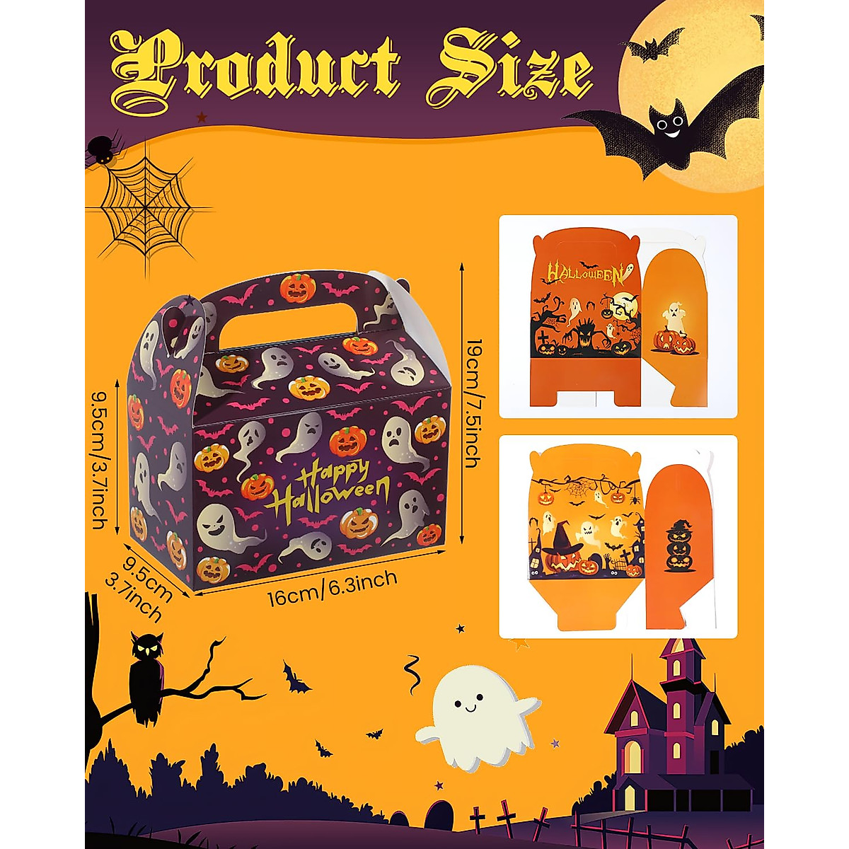 Liobelon 24 Pieces Halloween Treat Boxes Trick or Treat Bags Halloween Goodie Bags Halloween Cookies Goodie Boxes With Handles Ghost Gift Boxes Halloween Party Supplies for Sweets, Toys, Pastry, Gifts