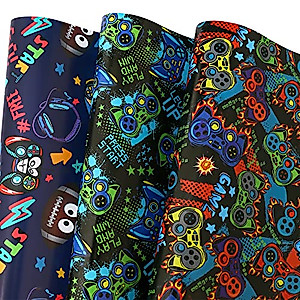 BOLIANNE Gaming Birthday Wrapping Paper for Boys Girls Kids with Cut Lines, 6 Large Sheets Video Game Gift Wrap for Game Lover, 27 x 37 Inches, High Gloss