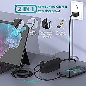 Surface Pro Charger for Microsoft Surface Pro 9, 8, 7+, 7, 6, 5, 4, X, Windows Surface Laptop 5, 4, 3, Studio, Surface Go, Surface Book 3, 2, 1, 65W Surface Laptop Charger + 20W USB C, LED, 10FT