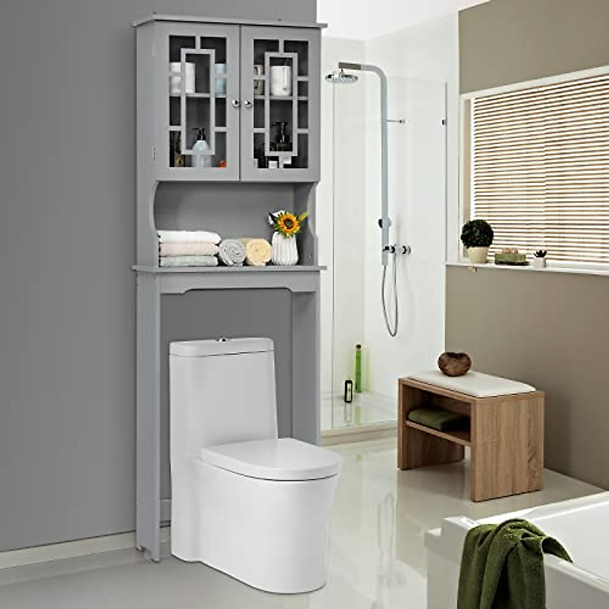 DORTALA Over The Toilet Spacesaver Storage Cabinet, Bathroom Organizer w/ 2 Glass Doors, Adjustable Inner Shelf, Open Bottom Free Standing Shelf Tower Anti-Tip Design, Rack, Gray Grey