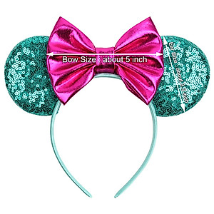 YanJie Mouse Ears Headbands, Glitter Party Mermaid Hot Pink Metallic Bow Favor Decoration Cosplay Costume for Girls Party (Green/Hot Pink)