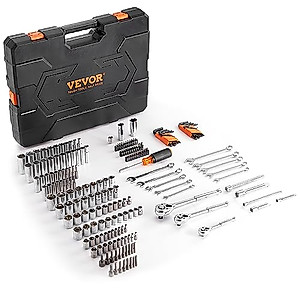 VEVOR Mechanics Tool Set, 205 Pcs SAE and Metric Sockets, 1/4" 3/8" 1/2" Drive Deep and Standard Sockets, Chrome Vanadium Steel, Polyethylene