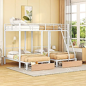 Harper & Bright Designs Metal Triple Bunk Beds with Storage, Full Over Twin & Twin Bunk Beds with Drawers,3 Bed Bunk Bunk for Kids, Girls, Boys,Teens, Adults,Can be Separated into 3 Beds, White