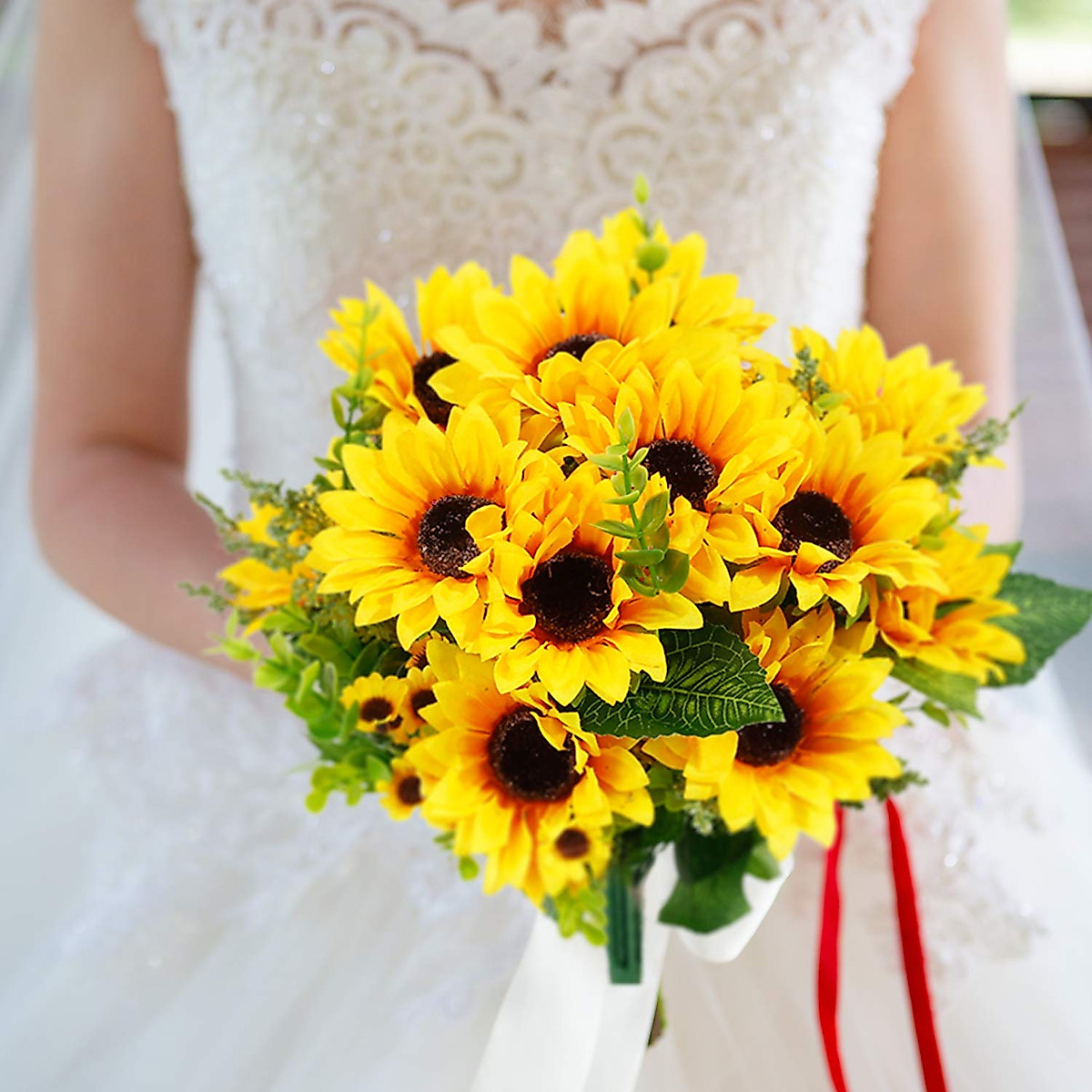 LIVILAN Sunflowers Artificial Flowers 2 Bunches Fake Sunflowers Silk Flowers Sunflower Bouquet Yellow Flowers Wedding Decor Home Hotel Office Party Garden Decorative Flowers Table Centerpiece
