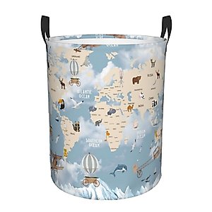 Pevtufa Animals Travel World Map Foldable Laundry Basket Organizer,Fabric Clothes Toy Storage Basket Nursery Hamper Storage Bin For Household Bedroom, Bathroom, College Dorm-Small