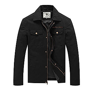 WenVen Men's Fashion Casual Cotton Canvas Military Jacket (Black, L)