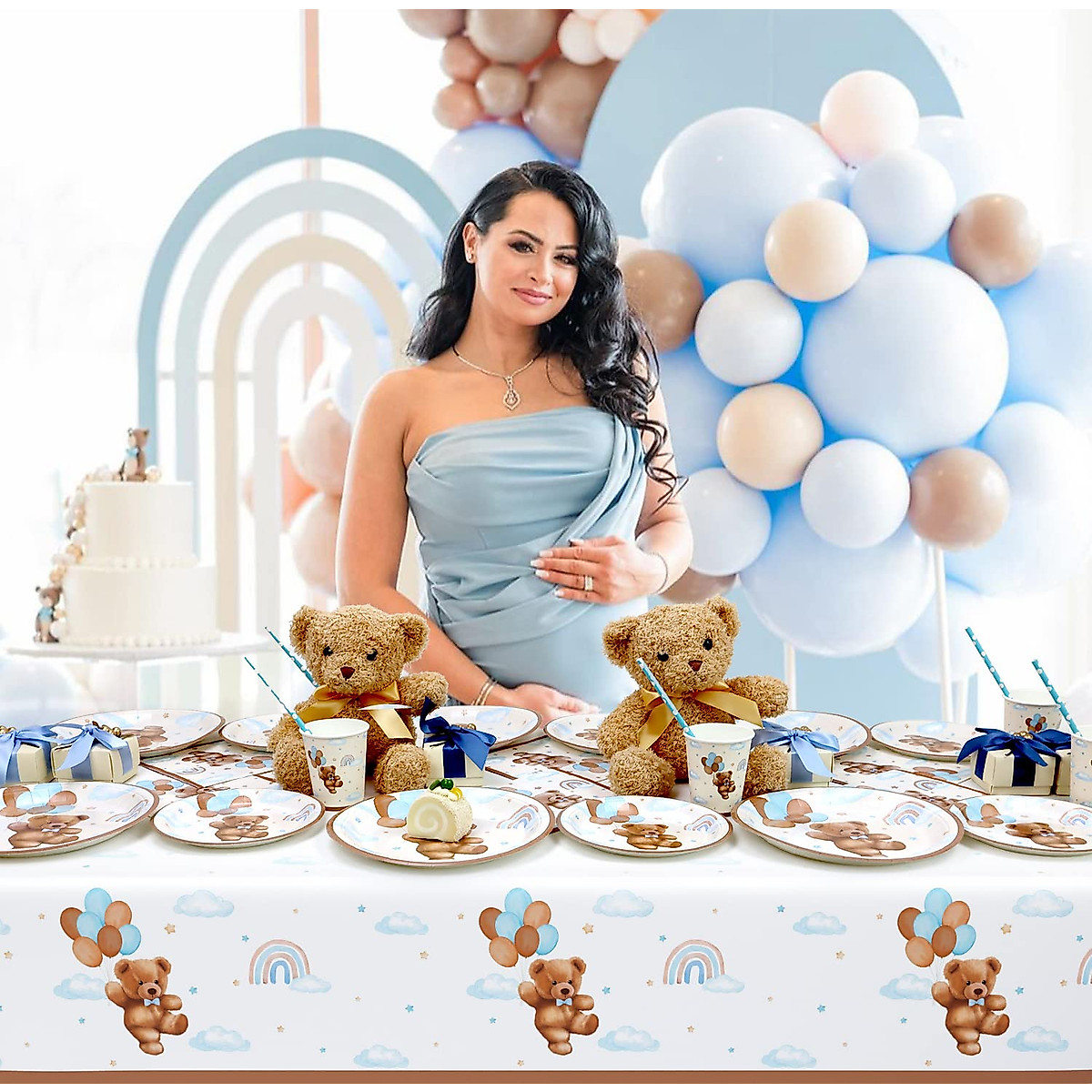 3 Pieces Teddy Bear Baby Shower Tablecloths Plastic Table Cover, Boho Brown Blue Baby Shower Birthday Party Decorations Supplies for Boys Kids Large Size 108×54 Inch Rectangular Cute Bear Table Cloth