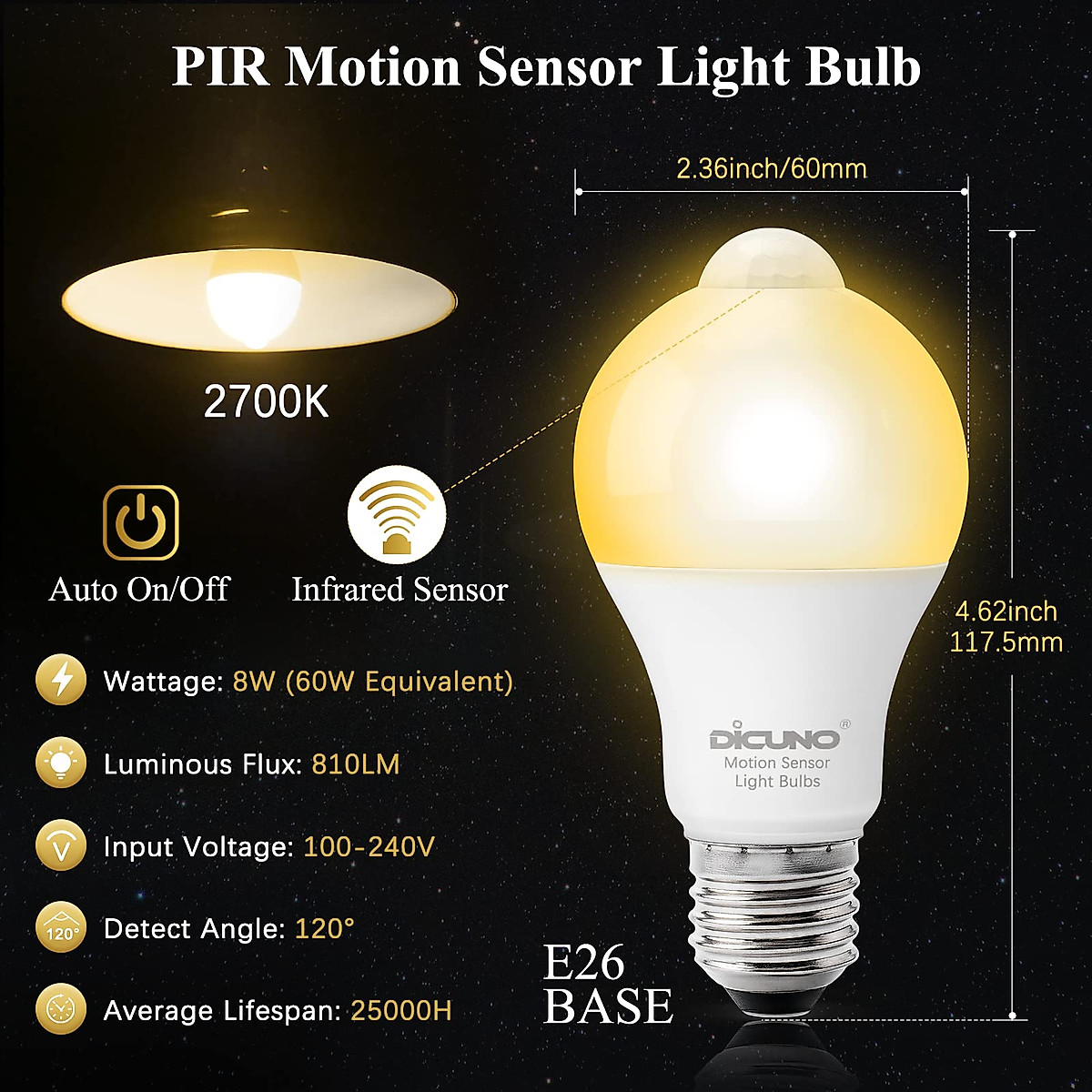 DiCUNO Motion Sensor Light Bulbs Outdoor, 60W Equivalent, Motion Activated Dusk to Dawn Security LED Bulb, Body Motion Sensor Bulb for Front Porch, 810LM, 2700K Warm White, 2 Pack