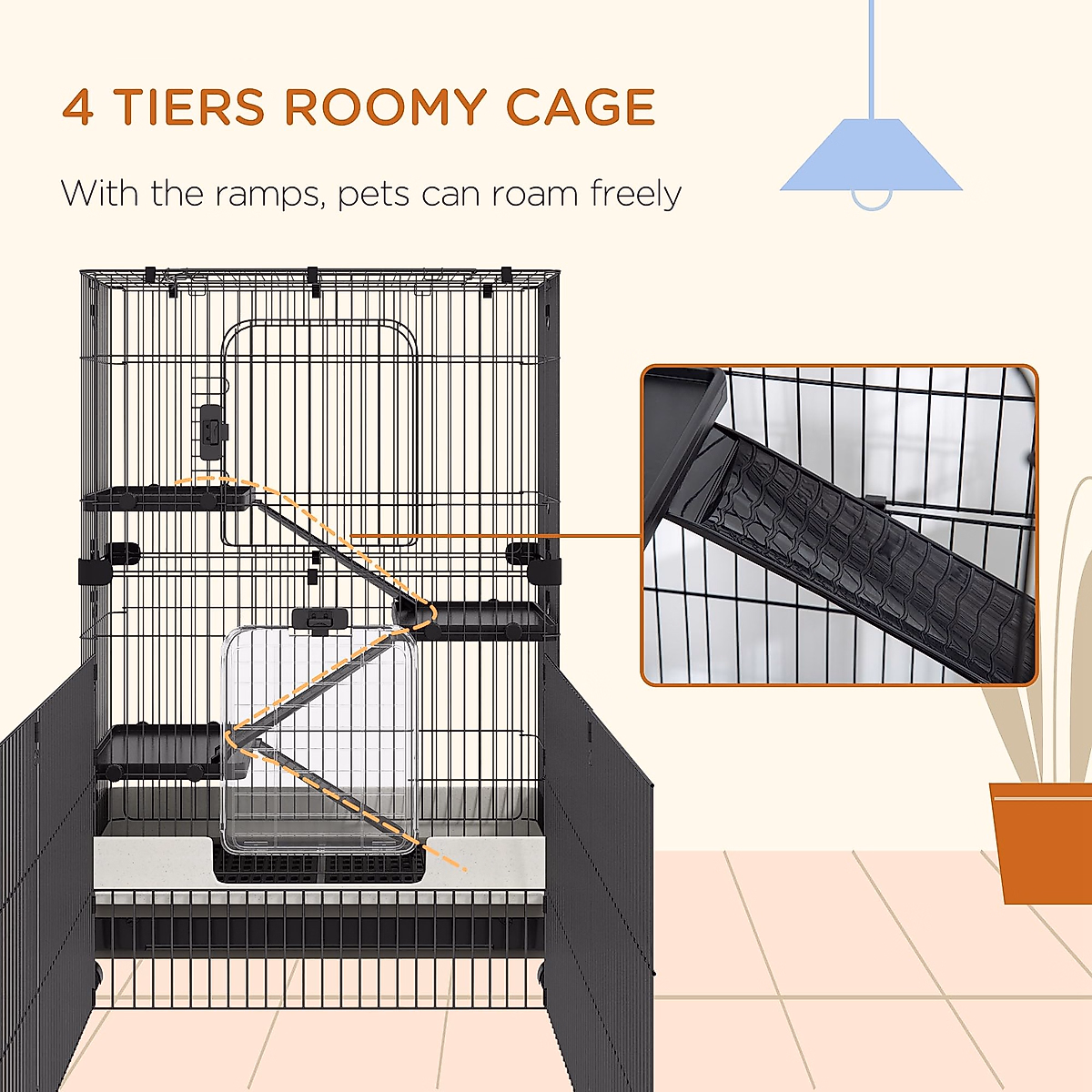 PawHut 4-Level Small Animal Cage Rabbit Hutch with Wheels, Removable Tray, Platform, Playpen and Ramp for Bunny, Chinchillas, Ferret, Black