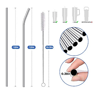 6 Pack Stainless Steel Metal Straws Replacement for Stanley Cup 40 oz Stanley Tumbler Accessories Straws, 0.38'' Wide 12'' Long Reusable Straws with 1 Cleaning Brush, 3 Straight 3 Bent Metal Straws