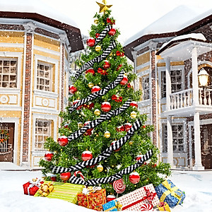 4 Inch x 50 Yards Christmas Plaid Buffalo Ribbon, Check Wired Edge Ribbon Plaid Ribbon Gingham Check Wired Ribbon Buffalo Plaid Ribbon for Christmas Tree Wreath Bows Decor (Black White Plaid)