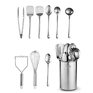 FineDine Stainless-Steel Kitchen Utensil Set - 10-piece premium Nonstick & Heat Resistant Gadgets, Turner, Spaghetti Server, Ladle, Serving Spoons, Whisk, Tongs, Potato Masher & Utensil Holder