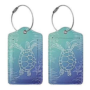 Turtle Blue Sea Themed 2 Pack Luggage Tag for Suitcase, Leather Travel Cruise Baggage Bag Tags Name ID Label and Metal Loop for Women Men
