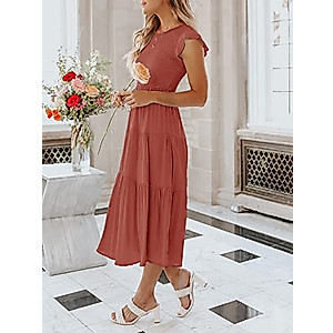 ZCSIA Women's 2023 Summer Casual Ruffle Short Sleeve Crewneck Smocked Tiered A Line Midi Dress,Rust,Small