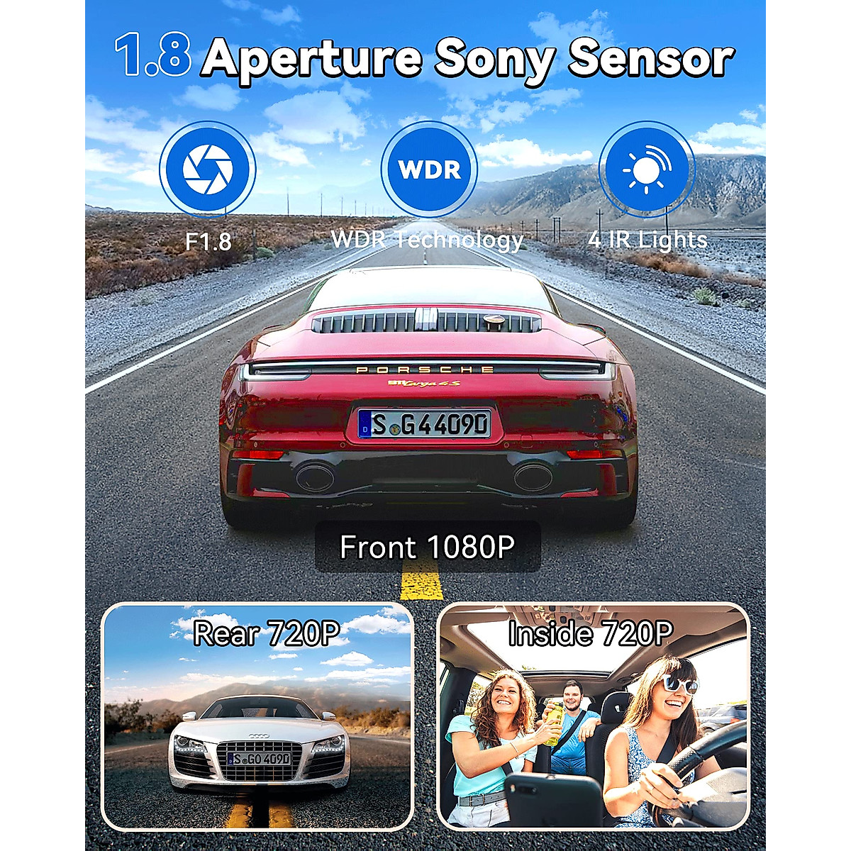 Dash Cam Front and Rear Inside, 3 Channel Dash Camera 1080P Full HD with 32GB SD Card, Car Camera with 2.0’’ IPS Screen, Night Vision, WDR, G-Sensor, Loop Recording, Parking Mode, Motion Detection