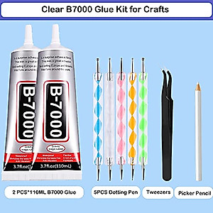 B7000 Adhesive Rhinestones Glue for Crafts, 2PCS 110ml / 3.7 fl oz B7000 Clear Glue with 5 Dotting Pen Tool, Wax Pencil and Tweezer, Jewelry Glue for DIY Craft Makeup Shoes Jewelry Making Nail Art