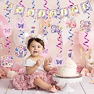 JAPBOR 21PCS Butterfly Baby Shower Hanging Swirls Decorations for Girl, Floral Butterfly Baby Girls Gender Reveal Party Banner Set, It's a Girl Birthday Purple Pink Butterflies Hang Decor Supplies