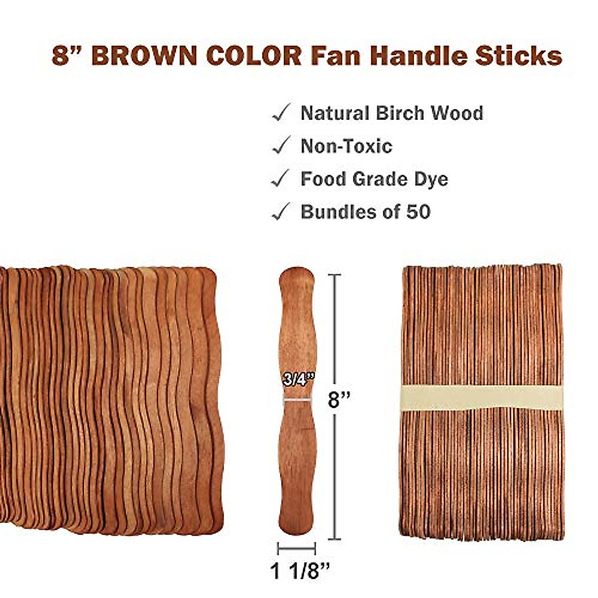 100 Sticks - Wavy 8 Inch Jumbo Wood Fan Handles Wedding Fan Sticks (Brown)