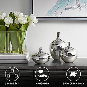 Madison Park Signature Ansen Ceramic Handmade Vase Set Home Décor - Metallic Accent Living Room Decoration Ideal for Shelf, Side Table, Mantle Ornaments, Multi Size, Silver 3 Piece