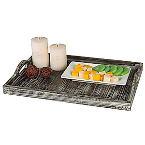 MyGift Rustic Torched Solid Wood Large Serving Tray with Cutout Handles with Slatted Design, Breakfast Ottoman Coffee Table Tray, 16 x 11 Inches