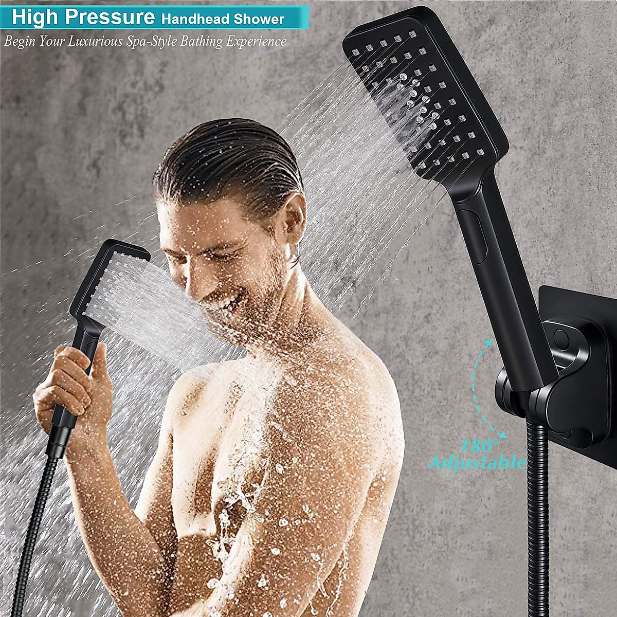Shower Head, 10'' High Pressure Rainfall Shower Head with 3 Settings Handheld Shower Combo with 11''Extension Arm, Anti-leak Square Rain Shower Head with 78'' Hose/Holder(Matt Black Shower Heads)