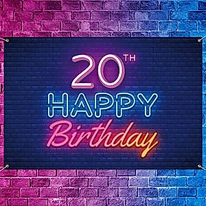 5665 Glow Neon Happy 20th Birthday Backdrop Banner Decor Black – Colorful Glowing 20 Years Old Birthday Party Theme Decorations for Boys Girls Supplies