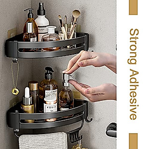 LamChyar Corner Shower Caddy, 3 Tiers Shower Organizer, Aluminium Shower Shelfs with 10 Removable Hooks and Towel Bar, No-Drilling Wall Adhesive Installation(Black)