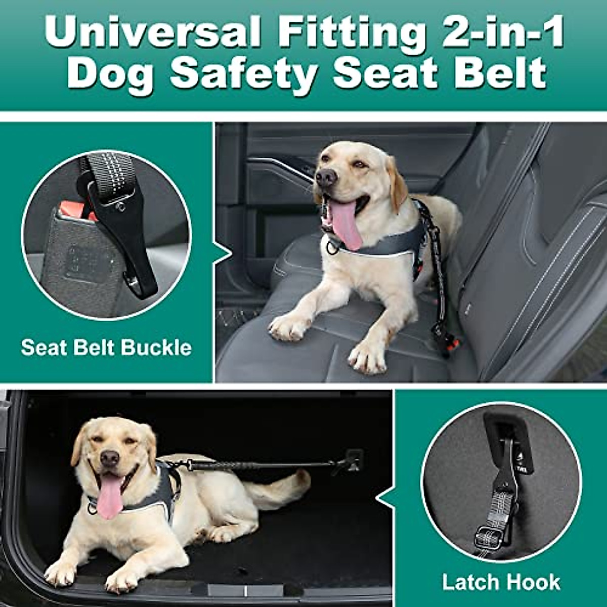 Junreox 2 Packs Dog Seat Belt, 3rd Generation Dog Seatbelt Harness with Adjustable Metal Buckle, Elastic Bungee Reflective Vehicle Car Headrest Restraint Tether for Small Medium Large Dogs Pet